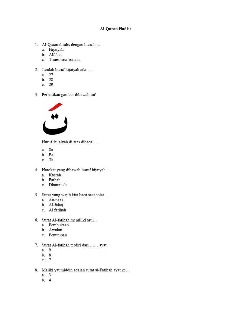 Kumpulan SOAL AL-QURAN HADIST Kelas 1 | PDF
