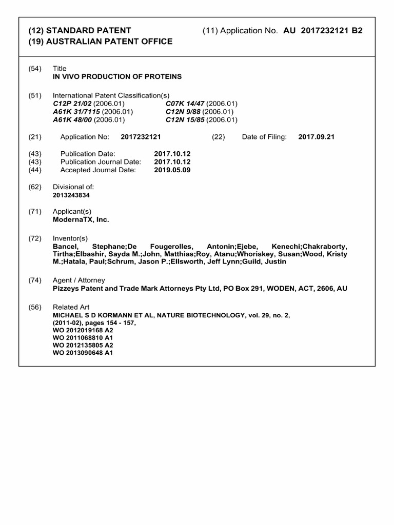 Standard Patent (19) Australian Patent C (11) Application No. AU Iffice ...