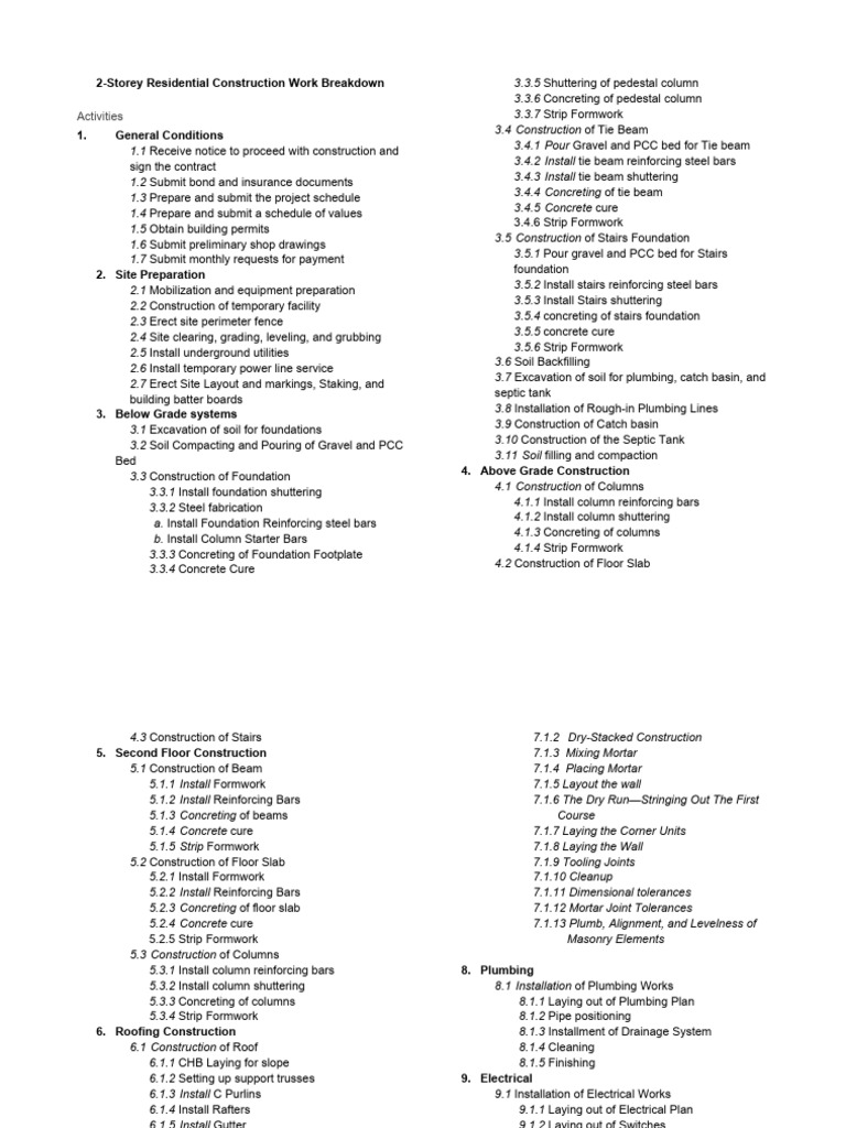 2-Storey Residential Construction Work Breakdown: Activities | PDF ...