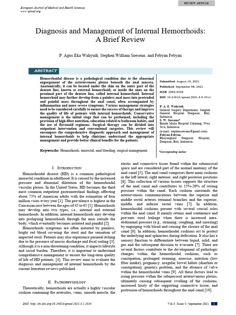 Diagnosis and Management of Internal Hemorrhoids: A Brief Review ...