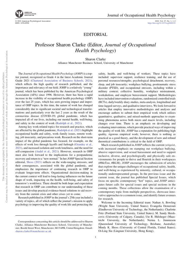 Professor Sharon Clarke (Editor, Journal of Occupational Health ...