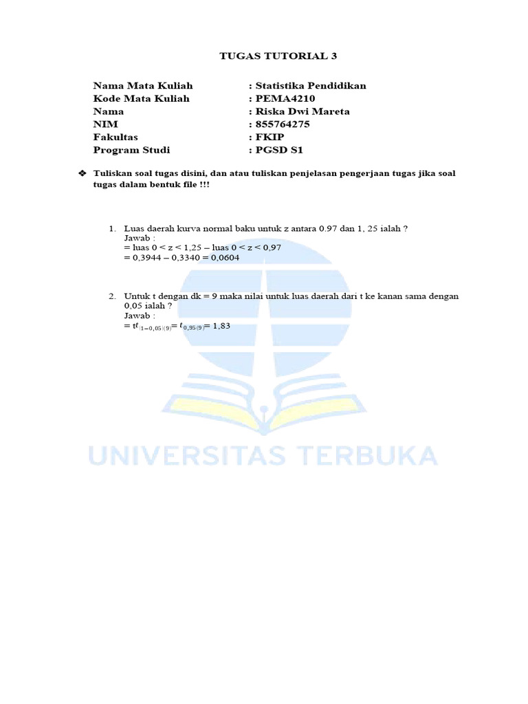 Riska Dwi Mareta - 855764275 Tugas Tutorial 3 Pema4210 | PDF