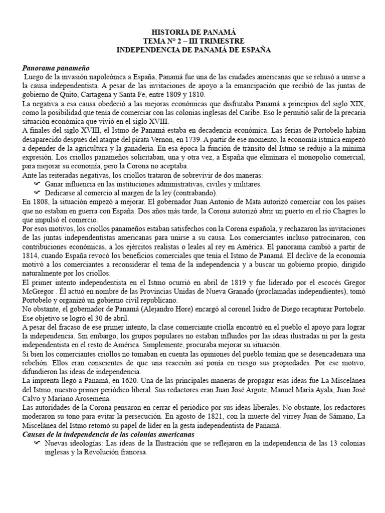 Tema N°2. Independencia de Panamá de España. | PDF | Panamá | España