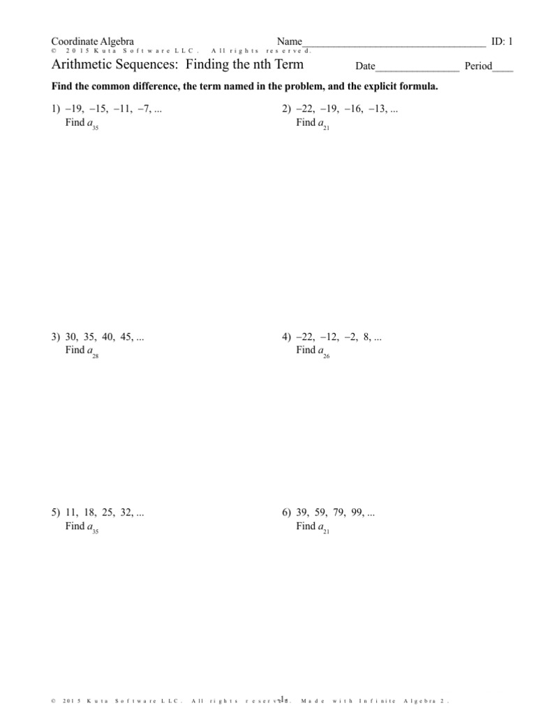 Worksheet Arithmetic Sequences Finding The NTH Term | PDF