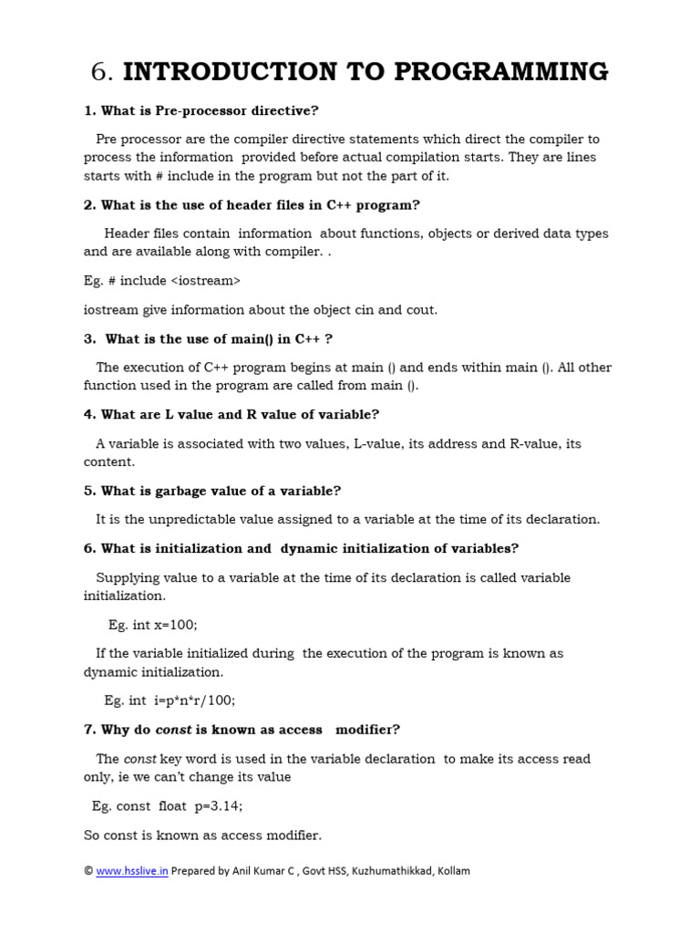 Hsslive XI Comp App 06 Introduction To Programming | PDF | C++ | Variable (Computer Science)