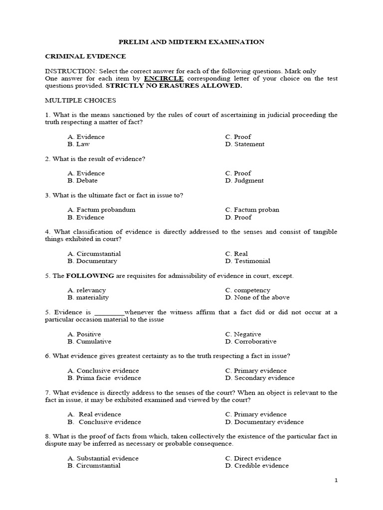 CLJ 5 Prelim EXAM | PDF | Evidence (Law) | Witness