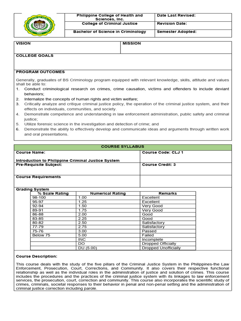 Pchs-Syllabus-Clj 1 | PDF | Crimes | Crime & Violence
