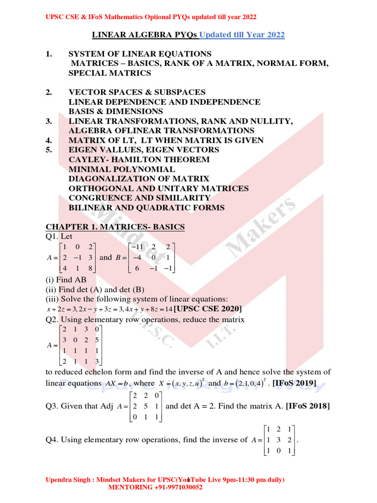 Upsc Cse Ifos Mathematics Optional Paper 1 Pyqs Till Year 2022 Mindset Makers | PDF ...