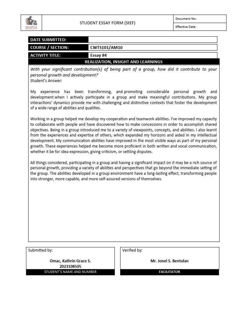 Essay 4 Mapua CWTS | PDF