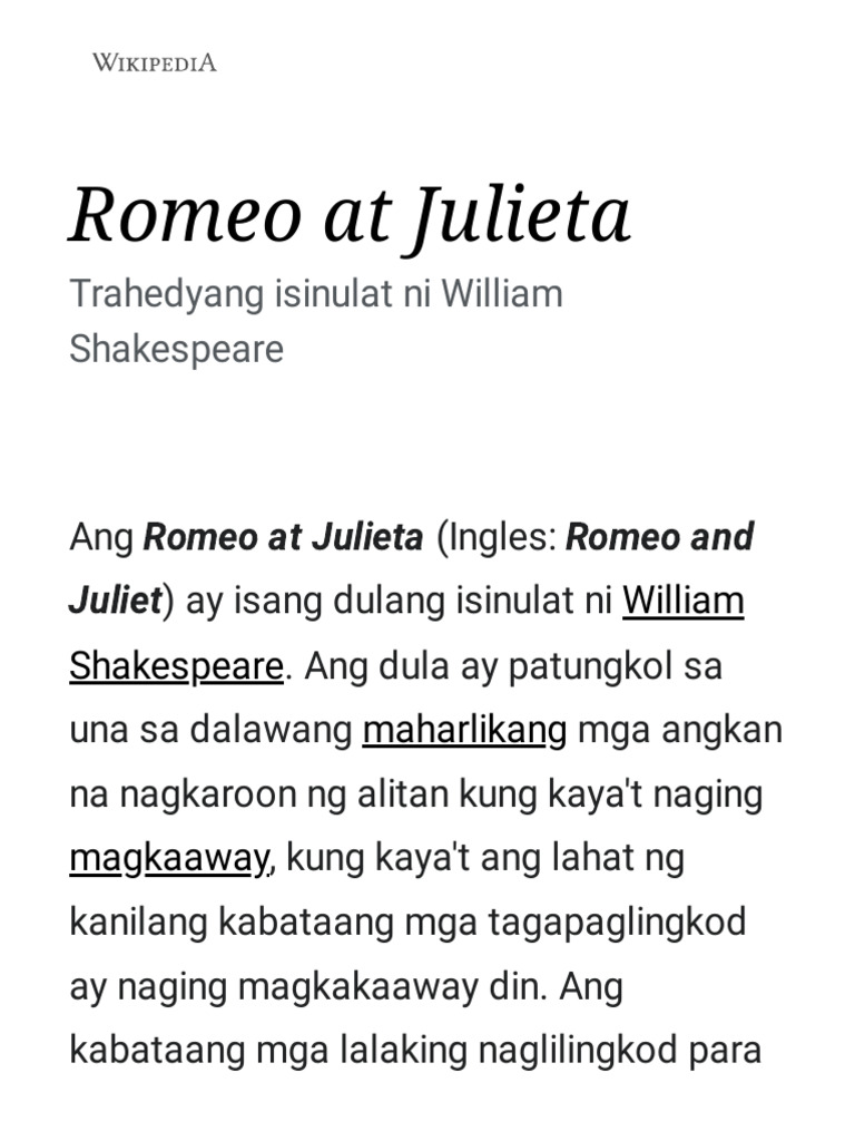 Romeo at Julieta - Wikipedia, Ang Malayang Ensiklopedya | PDF