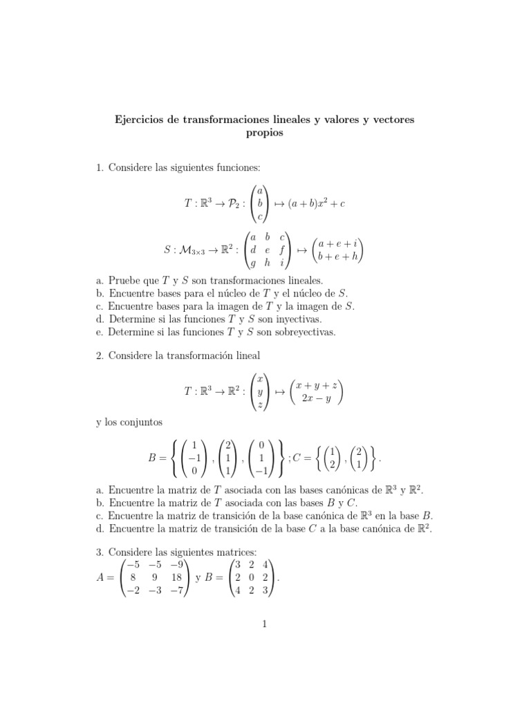Ejercicios Transformaciones Lineales y Valores Propios | PDF | Valores propios y vectores ...