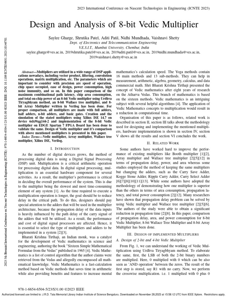 Design and Analysis of 8-Bit Vedic Multiplier | PDF | Field Programmable Gate Array | Multiplication