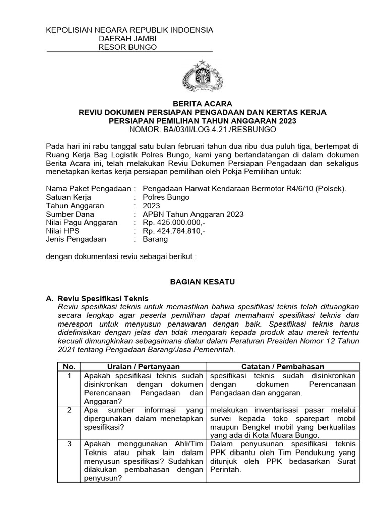 Reviu Dokumen Pengadaan Polres Bungo | PDF | Bisnis
