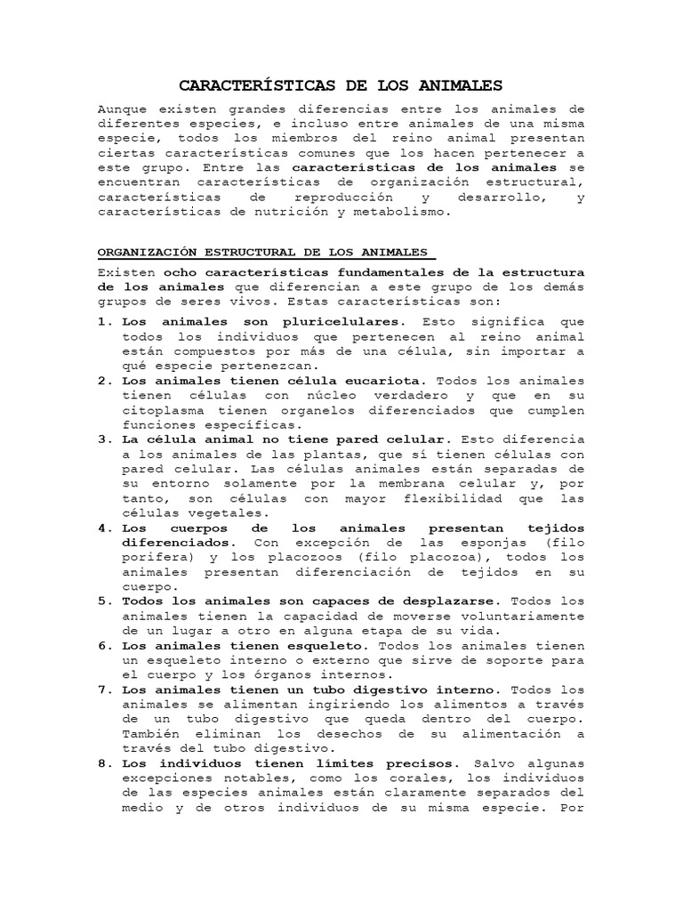 Caracteristicas de Los Animales | PDF | Reproducción | Biología Celular)
