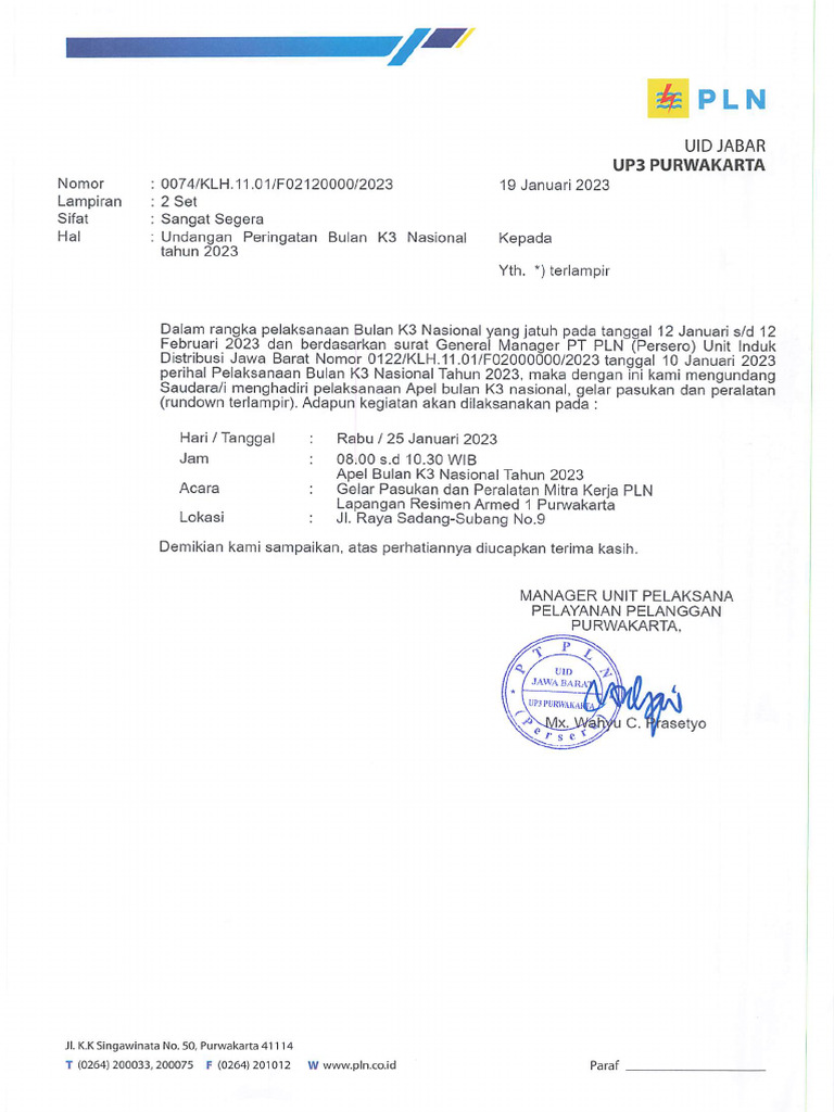 SRT No 0074 Undangan Peringatan Bulan K3 Nasional Tahun 2023 | PDF