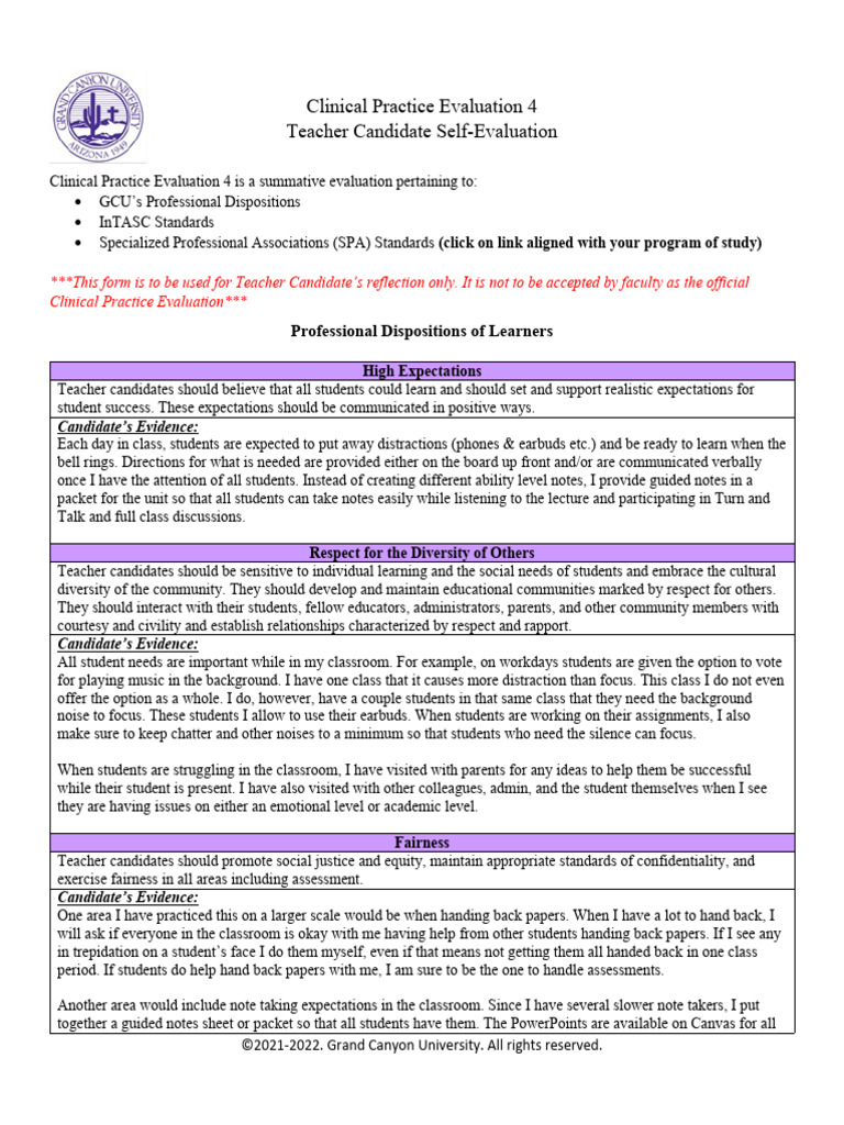 Clinical-Practice-Evaluation-4-Self-Evaluation - Harmon | PDF ...