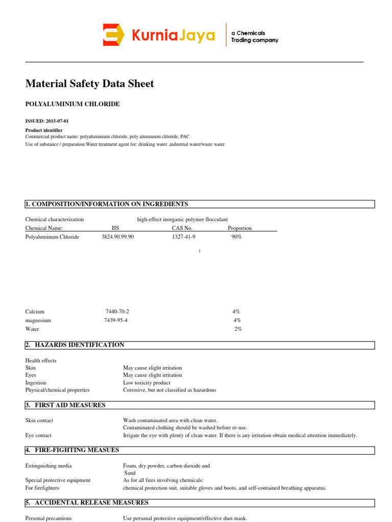 MSDS PAC Pool Treatment | PDF | Dangerous Goods | Toxicity