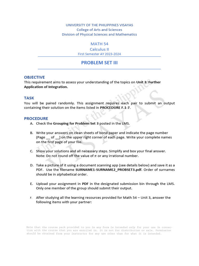 MATH 54 Problem Set Guide 3 | Download Free PDF | Mathematics | Integral