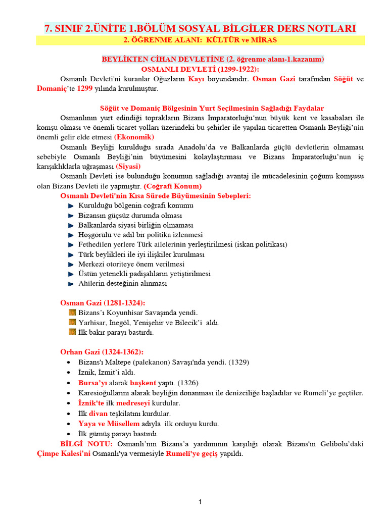 7.sinif Sosyal Bilgiler 2.unite 1.bolum Ders Notu | PDF