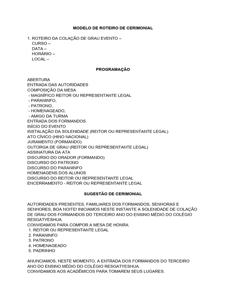 Roteiro Da Formatura | PDF