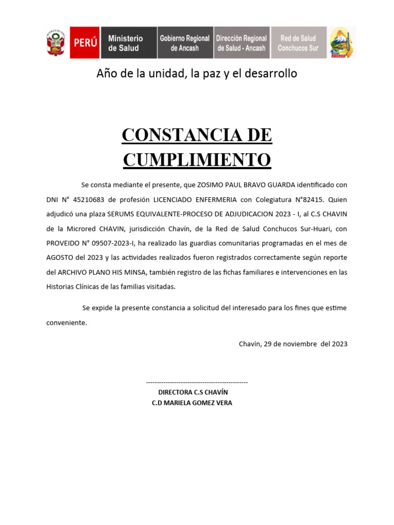 Constancia de Cumplimiento Zosimo 2023 | PDF