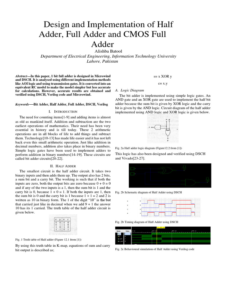 Design and Implementation of Half Adder, Full Adder and CMOS Full Adder | PDF | Logic Gate | Mosfet