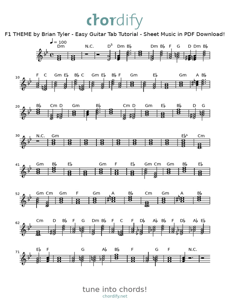 Chordify F1 THEME by Brian Tyler Easy Guitar Tab Tutorial Sheet Music ...