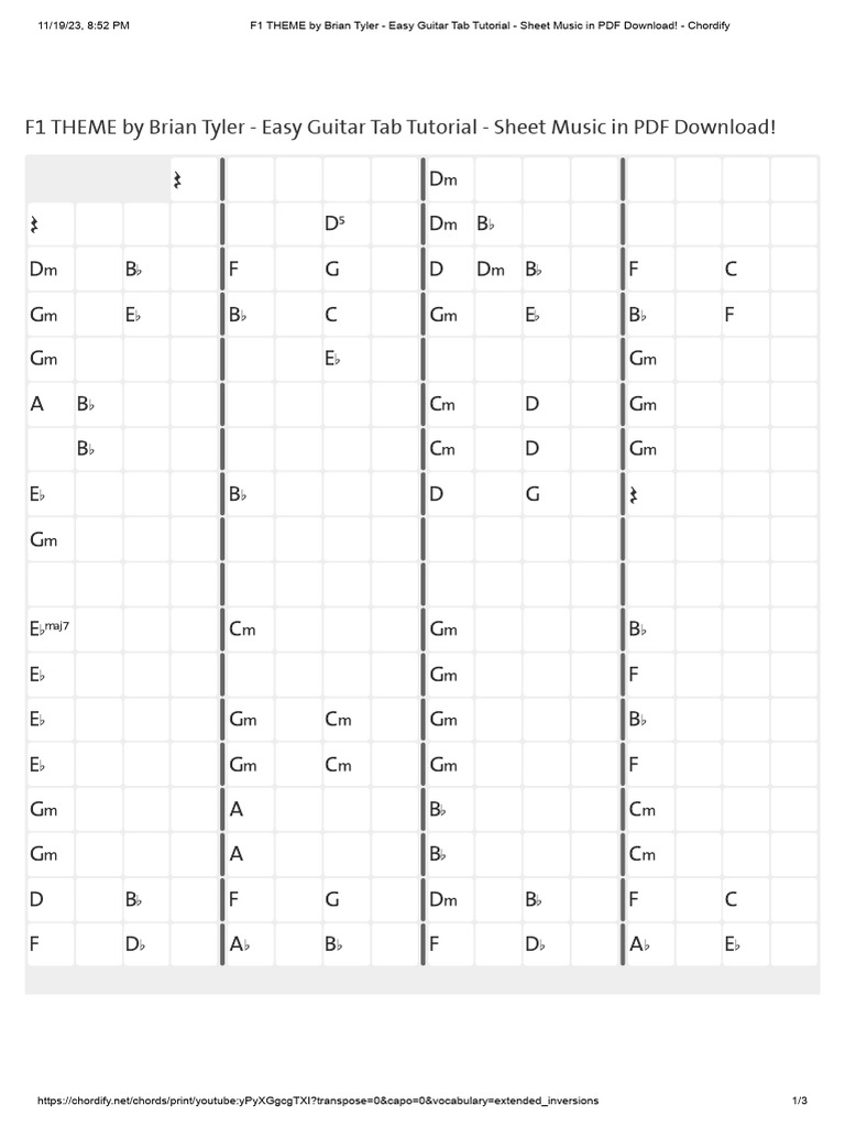 F1 THEME by Brian Tyler - Easy Guitar Tab Tutorial - Sheet Music in PDF ...