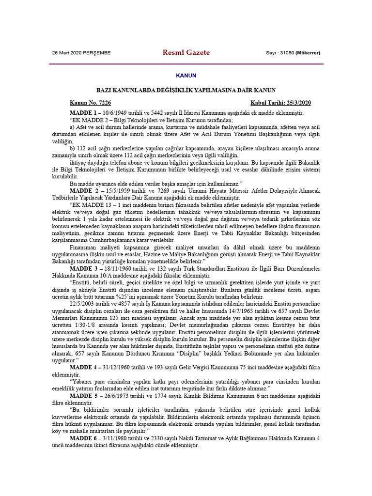 7226 Maddesi 26 Mart 2020 31080 Mükerrer Sayılı Kanun | PDF