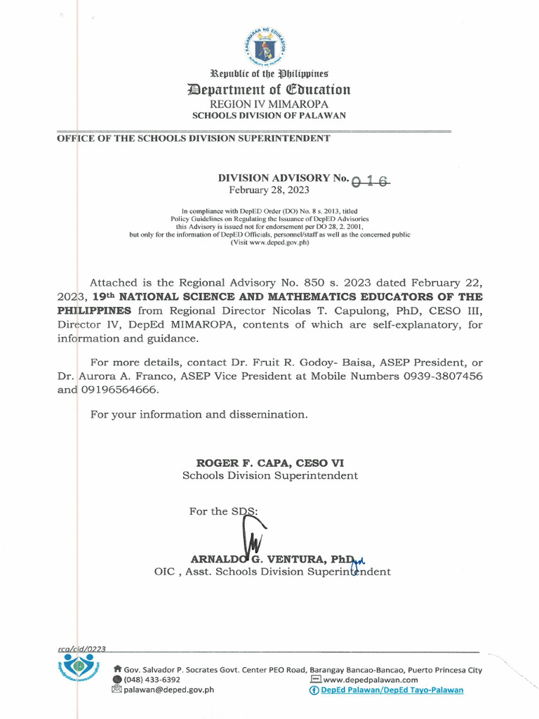 Division Advisory No. 016 S. 2023 19th National Science and Mathematics ... Division Advisory No. 016 S. 2023 19th National Science and Mathematics ...