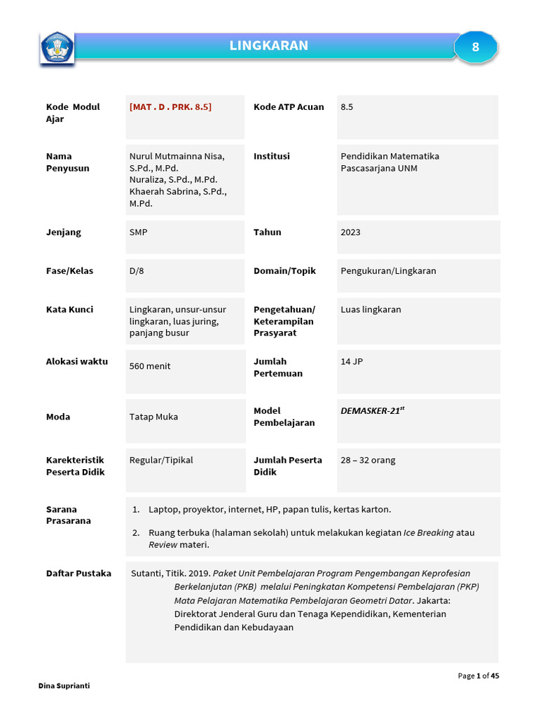 3 Modul Ajar MTK Kelas 8 (Lingkaran) - Dinianti Anas | PDF