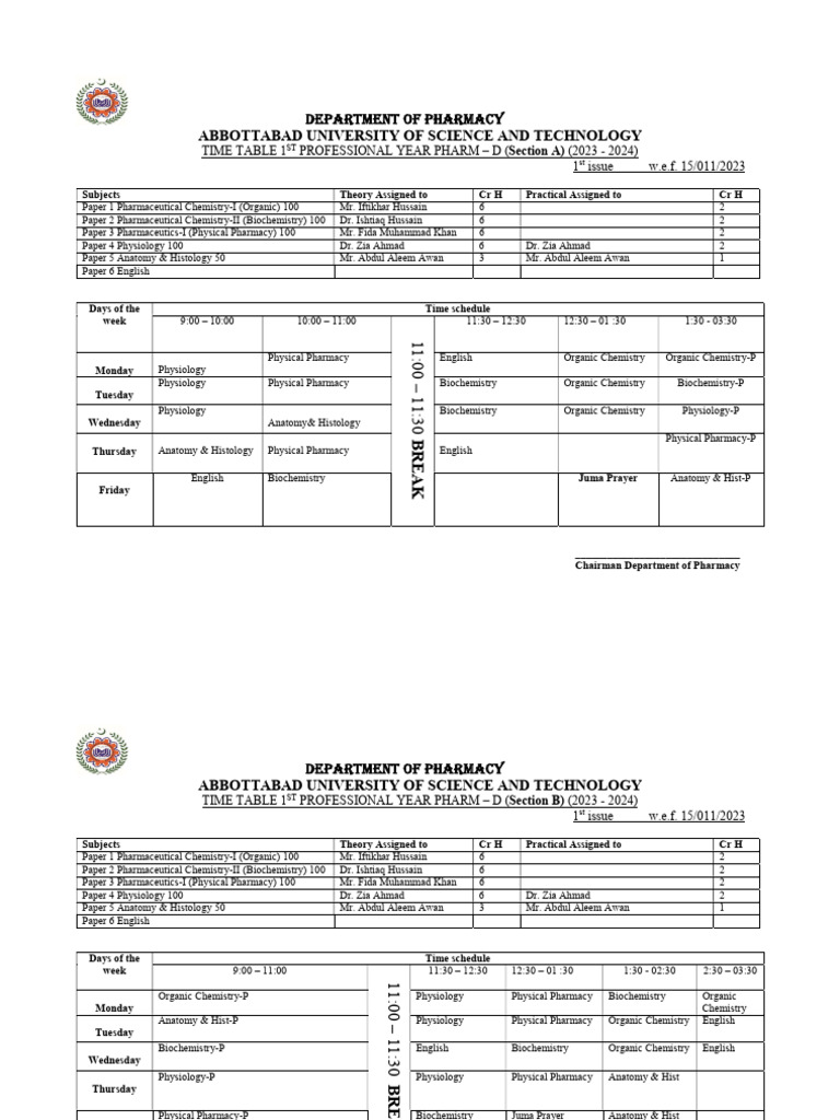 Pharmacy Time Table 2023-2024 1st Isse | PDF | Pharmacy | Pharmacology