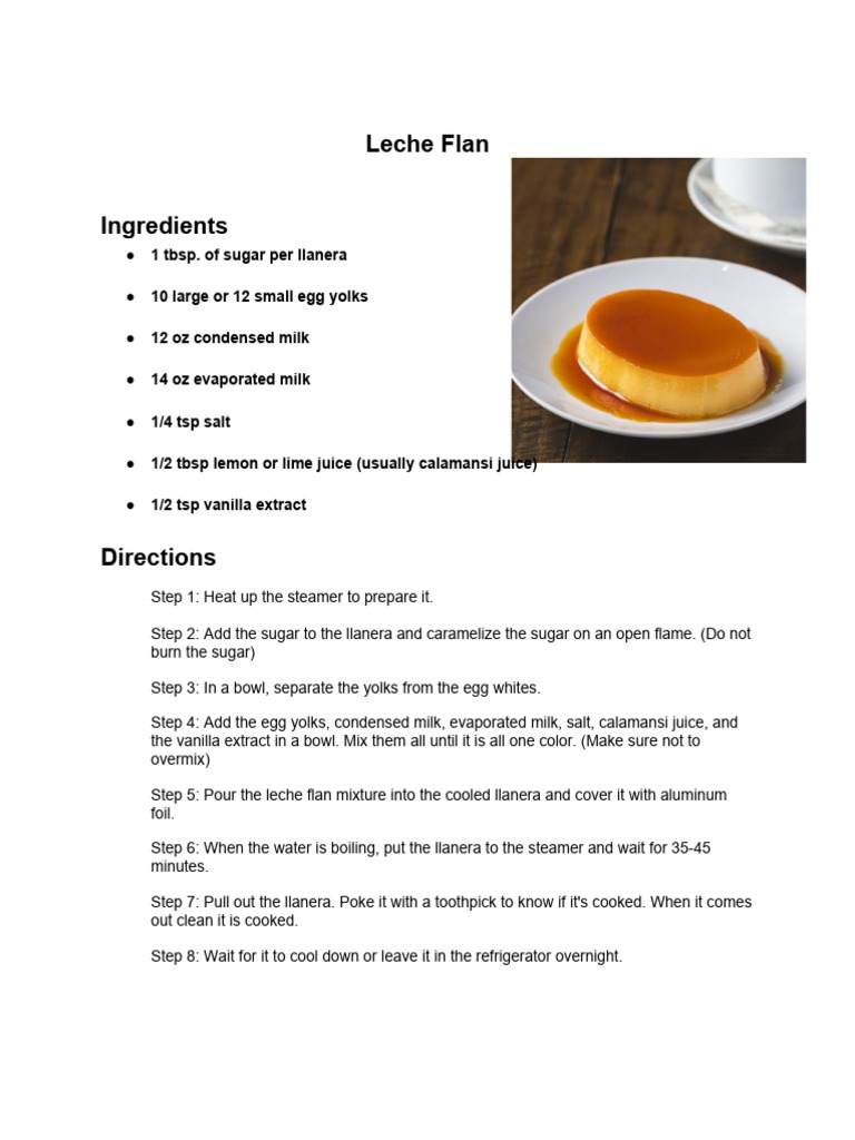 Leche Flan Recipe: Ingredients & Steps | PDF | Cooking, Food & Wine