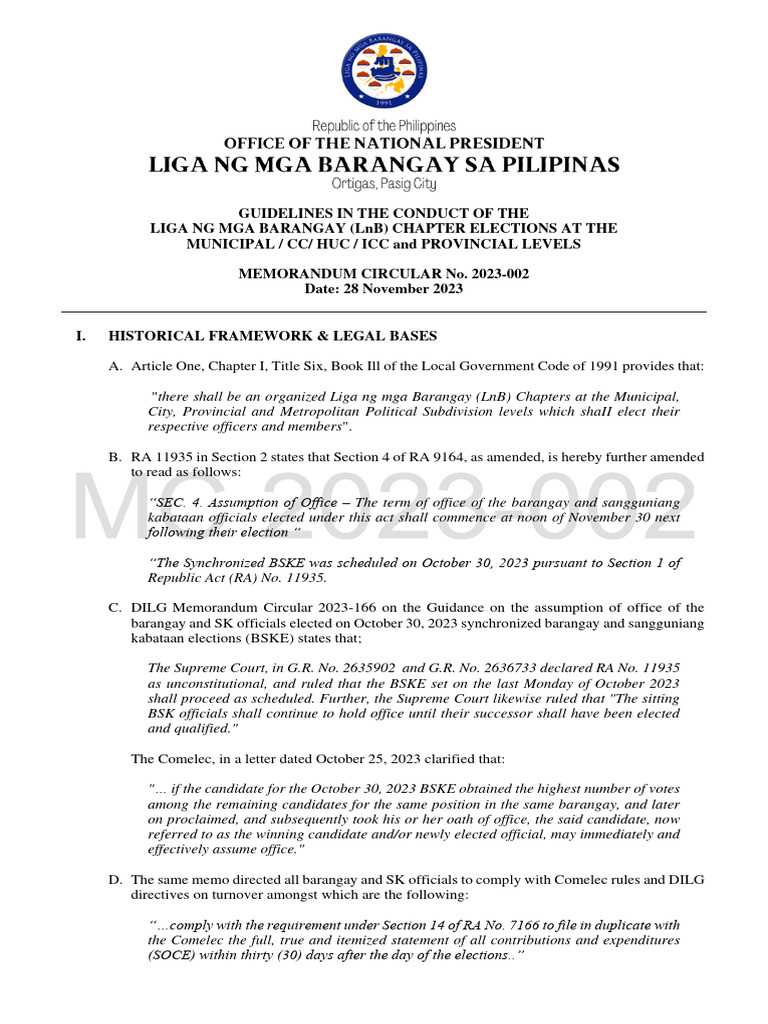 LNB MC 2023-002 Elections Guidelines 2023-11-28 | PDF | Elections | Article One Of The United ...