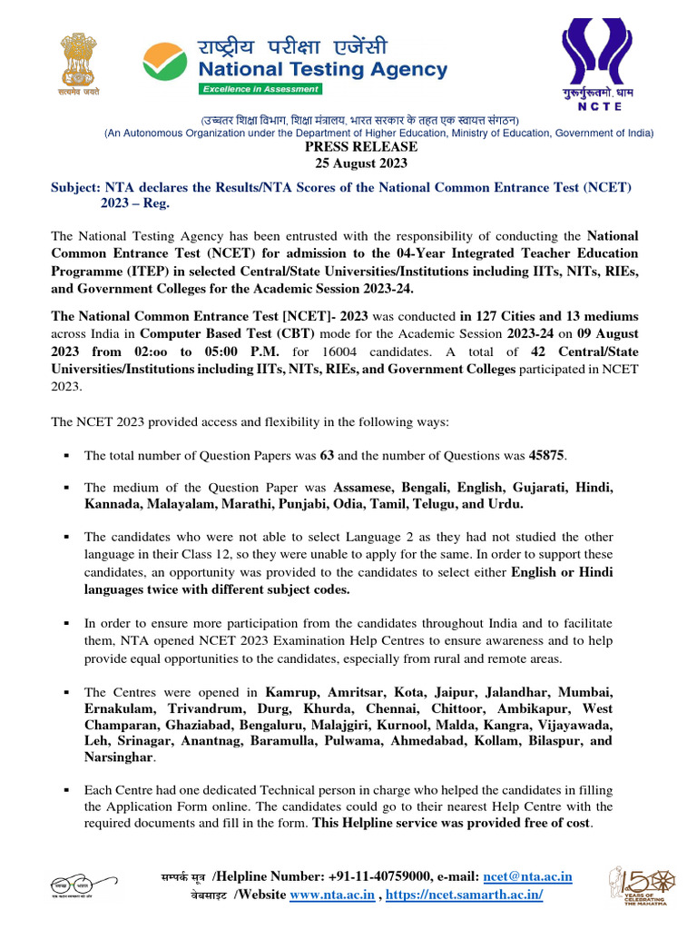 Press Release For Declaration of Result of NCET 2023 | PDF
