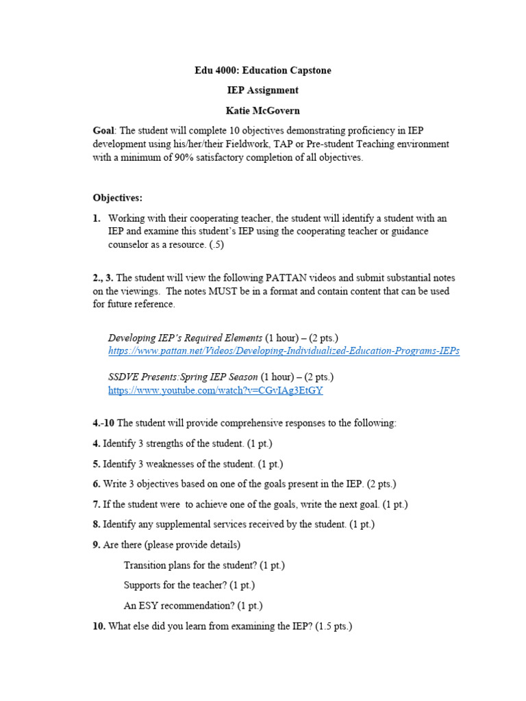 Capstone Iep Assignment 1 | PDF | Individualized Education Program | Special Education