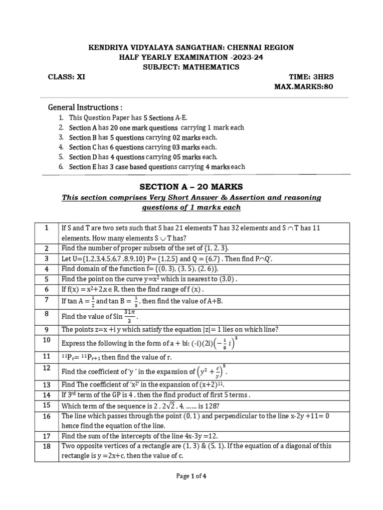 KVS Chennai Region Class Xi Mathematics Half Yearly Examination Question Paper | PDF | Algebra ...