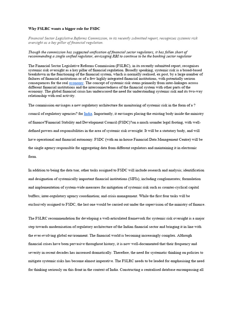 Why FSLRC Wants A Bigger Role For FSDC | PDF | Systemic Risk | Reserve ...