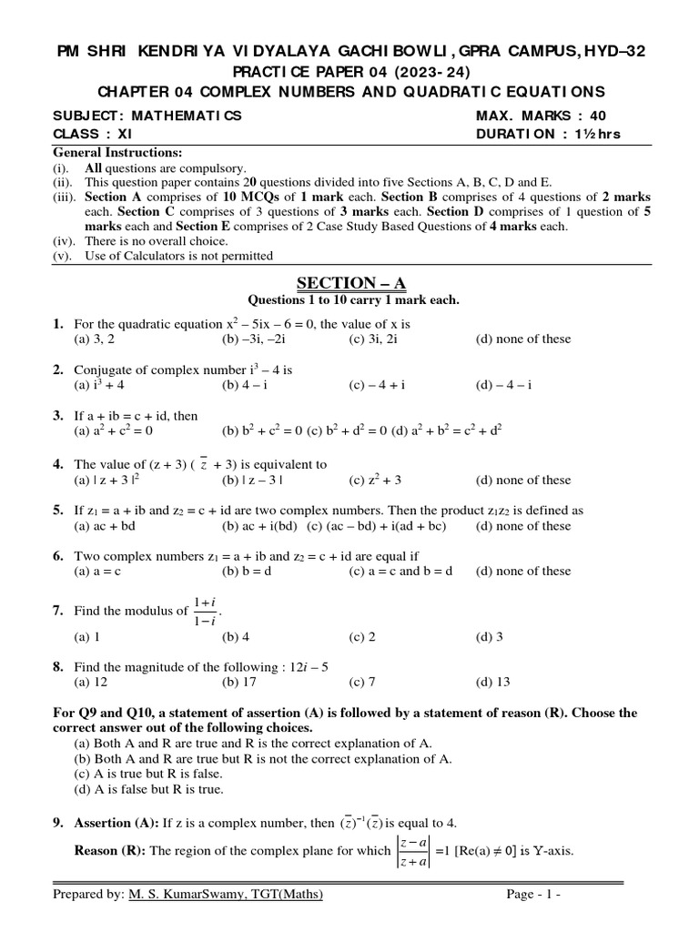 Maths Class Xi Chapter 04 Complex Numbers Practice Paper 04 | PDF | Complex Number | Numbers