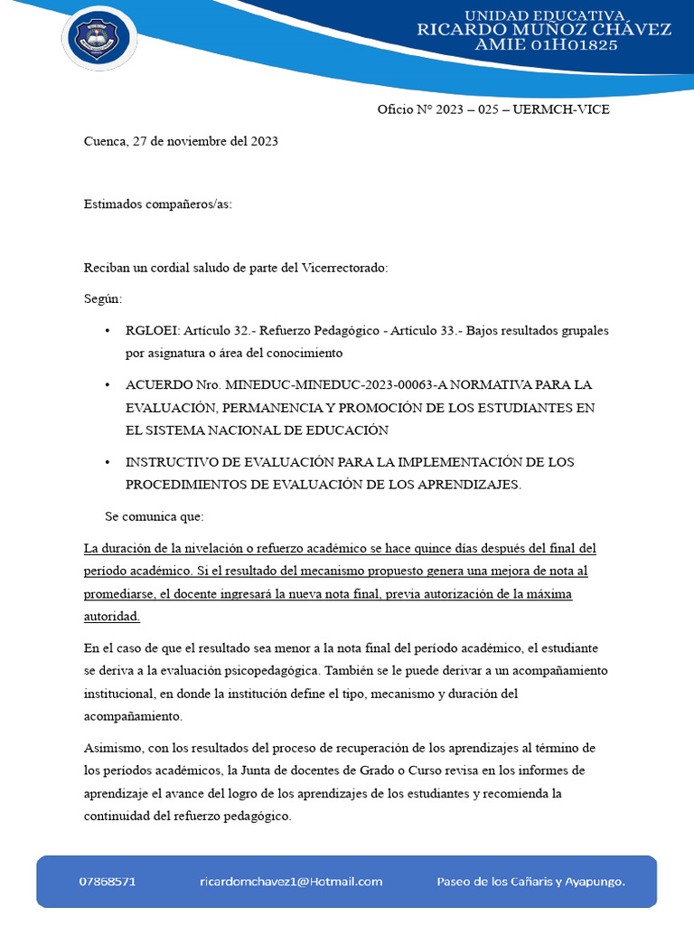 Oficio #25 Refuerzo Pedagógico I Trimestre | PDF | Pedagogía | Evaluación