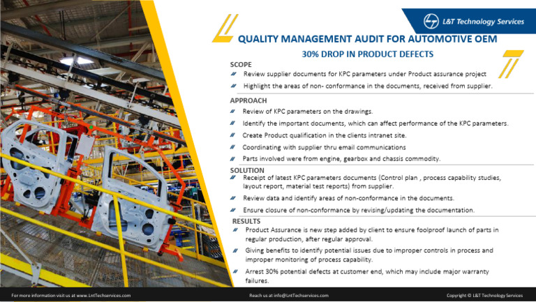 Quality Management Audit For Automotive Oem 30% Drop in Product Defects ...