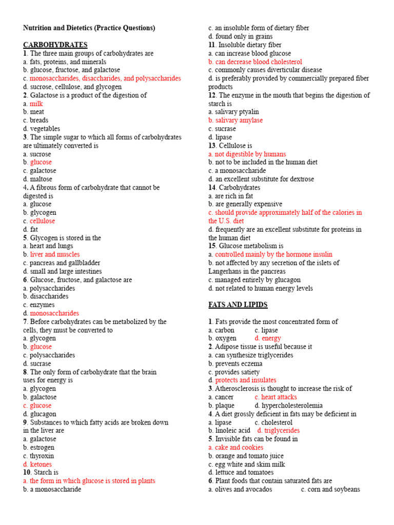 Carbohydrate and Fat Practice Questions | PDF | Carbohydrates | Glucose