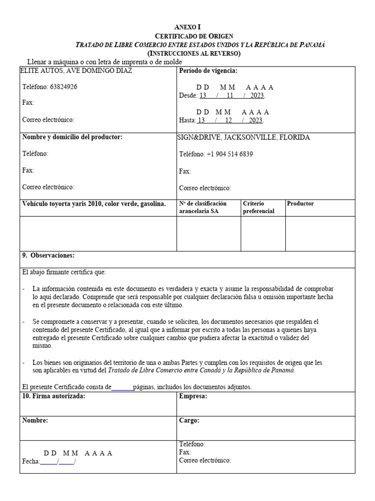 Formulario de Certificado de Origen | PDF | Fax