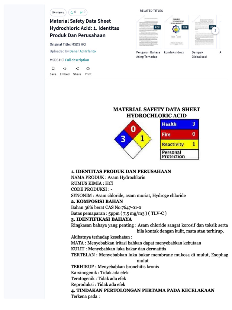 PDF Material Safety Data Sheet Hydrochloric Acid | PDF | Foreign ...