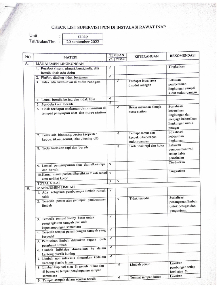 Cek List Super Visi IPCN Di Instalasi Rawat Inap | PDF