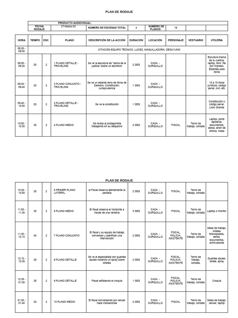 PLAN de RODAJE-Plantilla para Llenar | PDF