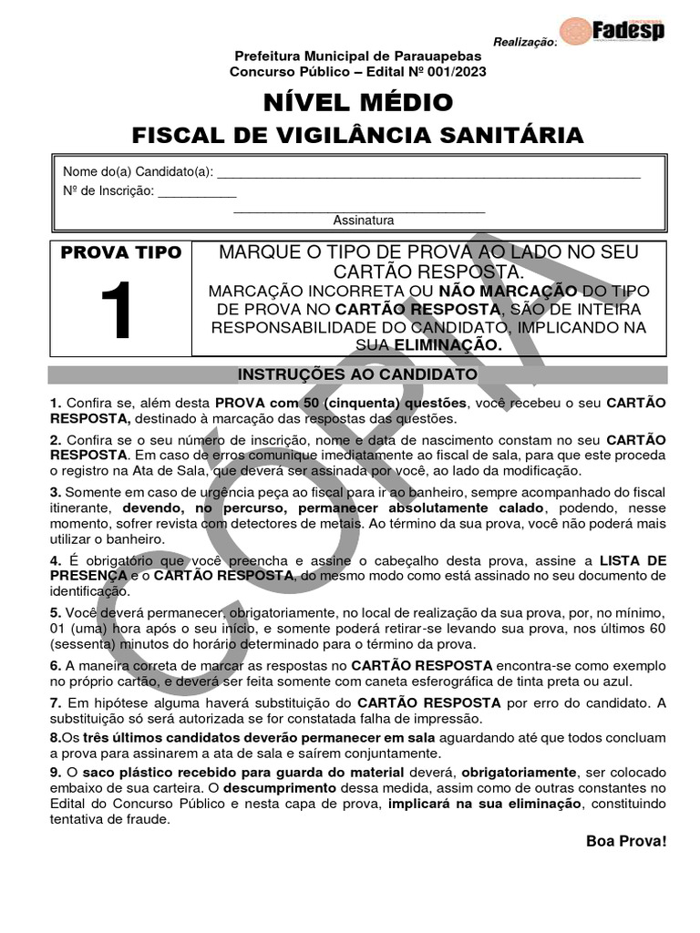 PROVA DE FISCAL DE VIGILÂNCIA SANITÁRIA TIPO 1 20-11-2023 | PDF | Cookie de HTTP | Microsoft Excel