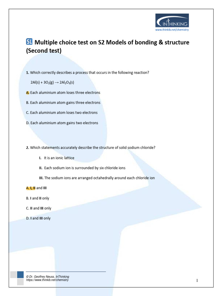 SL MC Test s2 Models of Bonding - Structure (Second Test) | PDF ...