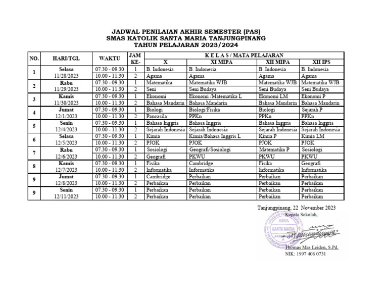 Jadwal PAS Ganjil 2023 - 2024 - Fi | PDF