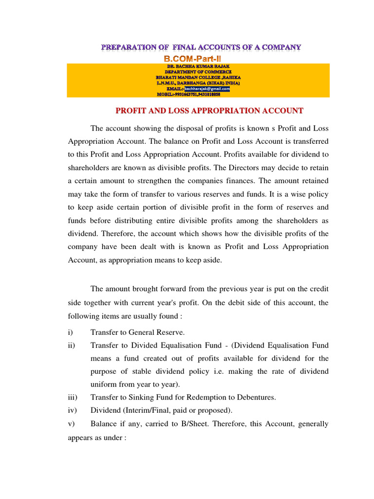 Profit and Loss Appropriation Account | PDF | Dividend | Depreciation